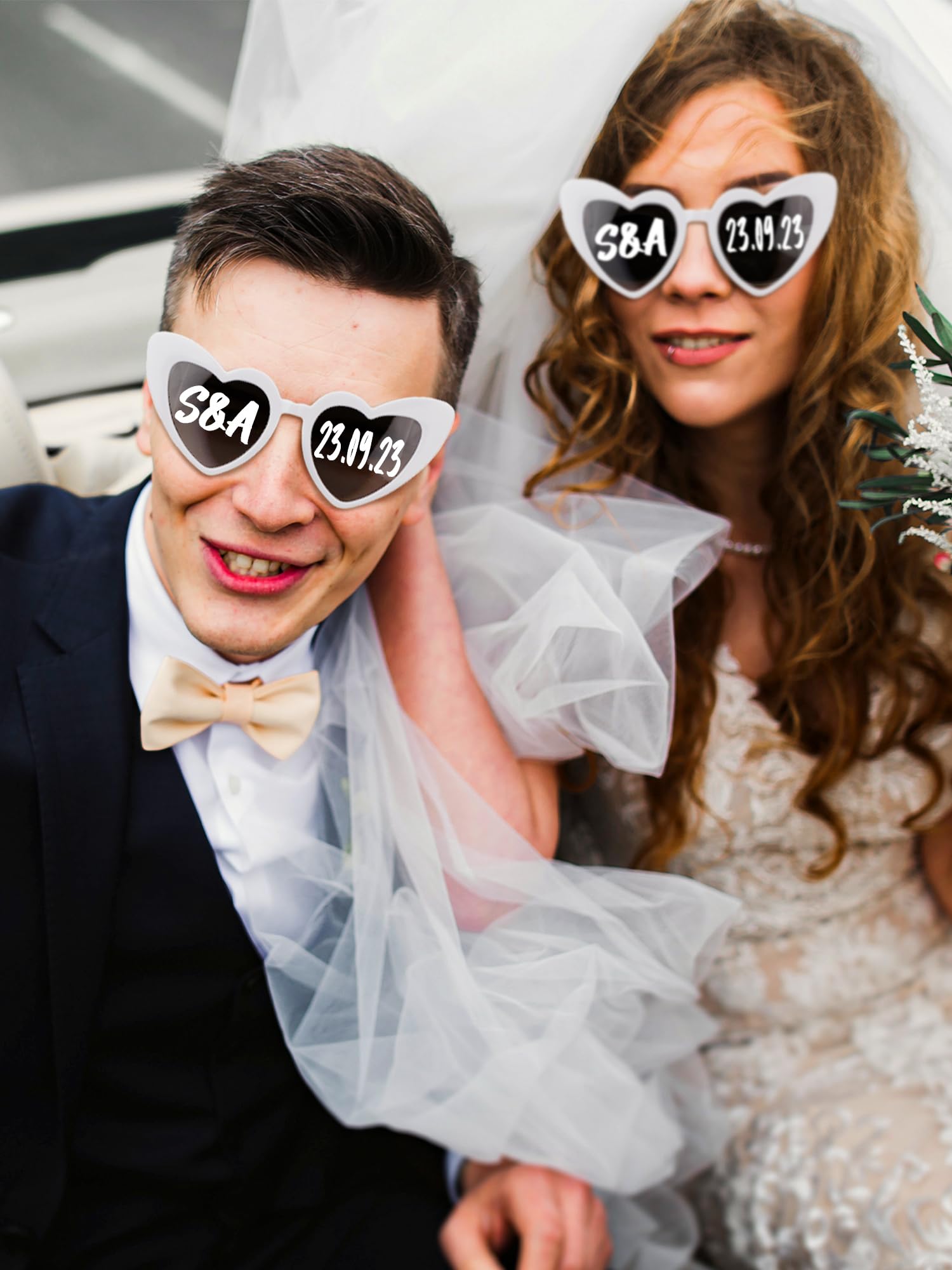 Chapou 25 Set White Heart Shaped Sunglasses Bulk Wedding Bridal Shower Sunglasses Party Favors for Guests Bride(Eucalyptus)