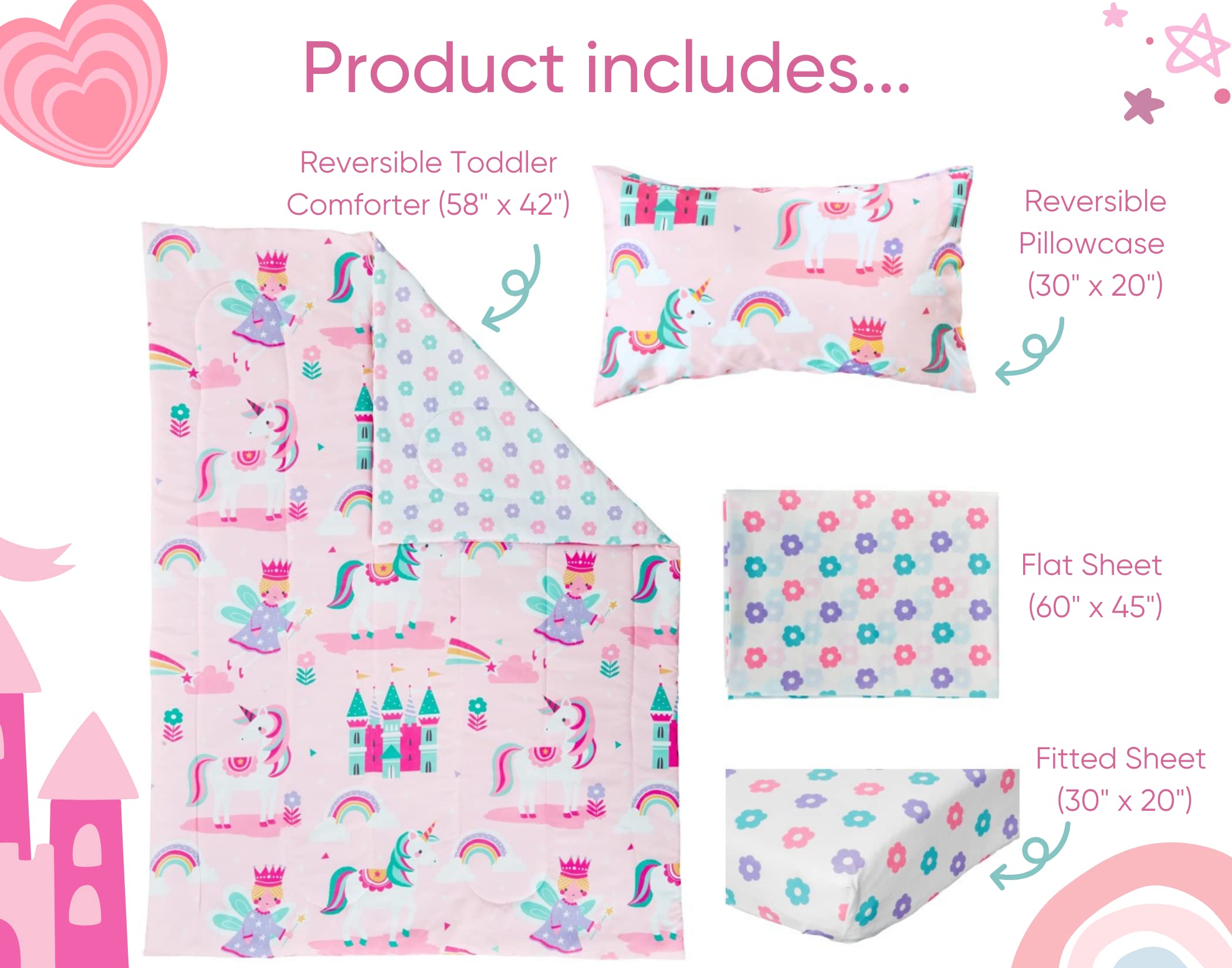 Bloomsbury Mill - 4 Piece Toddler Comforter Set - Magic Unicorn, Fairy Princess & Enchanted Castle - Pink - Kids Bedding Set