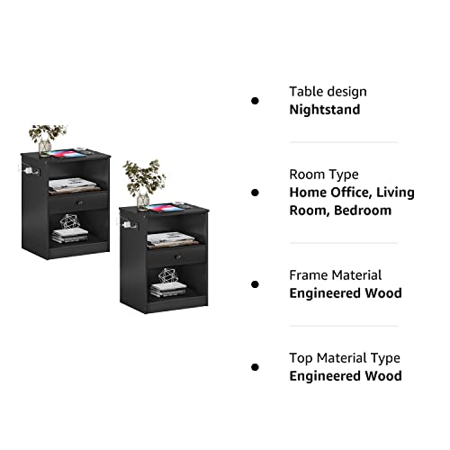 EPHEX Set of 2 Nightstand with Charging Station and Drawer, End Side Table with USB Ports & Power Outlet, Bedside Table Storage Cabinet with 2 Open Drawers for Bedroom, Black