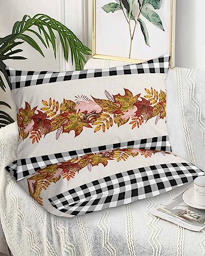 Edwiinsa Thanksgiving Pillow Covers Standard Size Set of 2 Bed Pillow, Farmhouse Fall Maple Leaf Black White Plaid Plush Soft Comfort for Hair/Skin Cooling Pillowcases with Envelop Closure 20''x26''