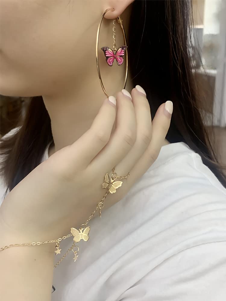 Butterfly Finger Ring Bracelet for Women 14K Gold Plated Dainty Star Slave Hand Chain Harness Bangle Boho Gypsy Bollywood Beach Wedding Retro Party Y2K Jewelry 2 Pieces