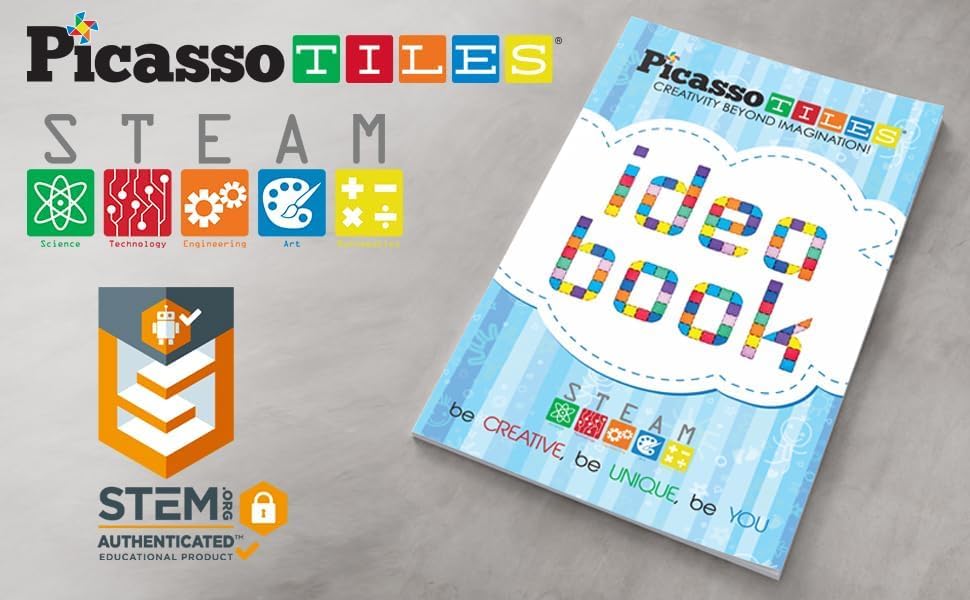 PicassoTiles STEAM Idea Book - 230 Pages of Magnet Tiles Building Block Creation Ideas Installation Instruction Toy Difficulty Guide Indicator Learning Book Brain Development for Kids Age 3+