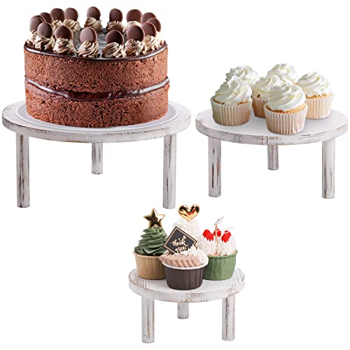 Elsjoy Set of 3 Wooden Cake Stand Round Dessert Display Riser, Stackable Cupcake Stand with Legs, Whitewashed Shabby Retail Bakery Serving Stand for Table Centerpieces, Wedding, Birthday, Party Decor