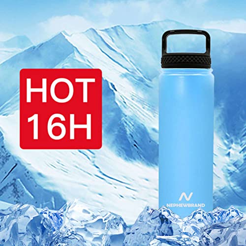 NEPHEWBRAND Sport Water Bottle โ 21 Oz Wide Mouth Insulated Vacuum with 3 Lids - Leak Proof, BPA Free - Sky-Blue