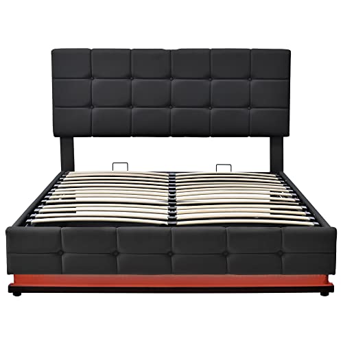 Gustonhon Queen Size Lift Up Storage Bed/Faux Leather Headboard with Storage and LED Lights and USB Charger,Hydraulic Storage System for Kids Teens and Adults, No Box Spring Needed(Black, Queen)