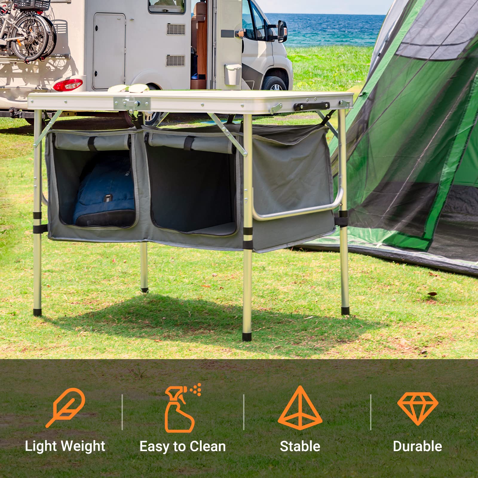 Coastrail Outdoor Folding Camping Table with Storage Height Adjustable Portable Lightweight Camping Table for Party, BBQ, Backyards and Picnic, White, 36 inch X 24 inch X 28 inch