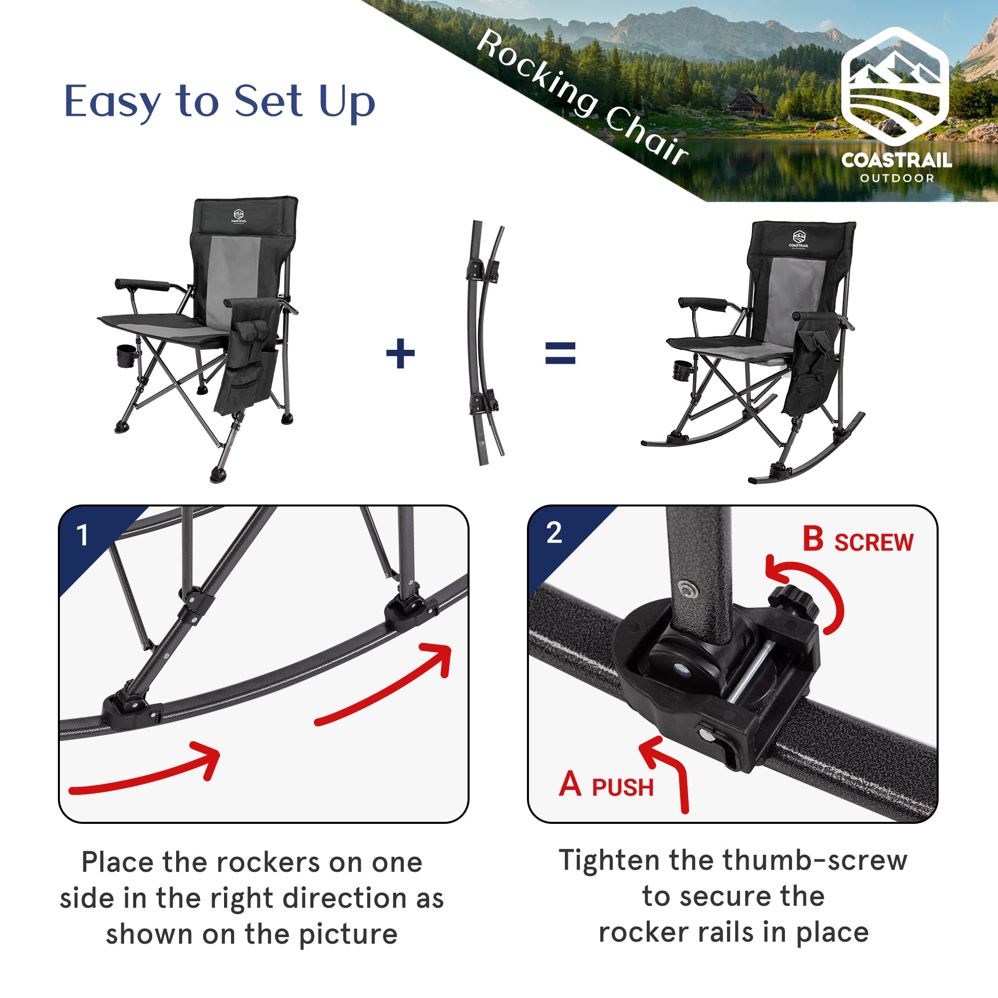 Coastrail Outdoor Folding Rocking Camping Chair High Back Padded Lawn Chair with Foldable Cup Holder, Side Storage, Back Pocket for Camping Hiking Heavy Duty 350lbs Weight Capacity, Black, Large