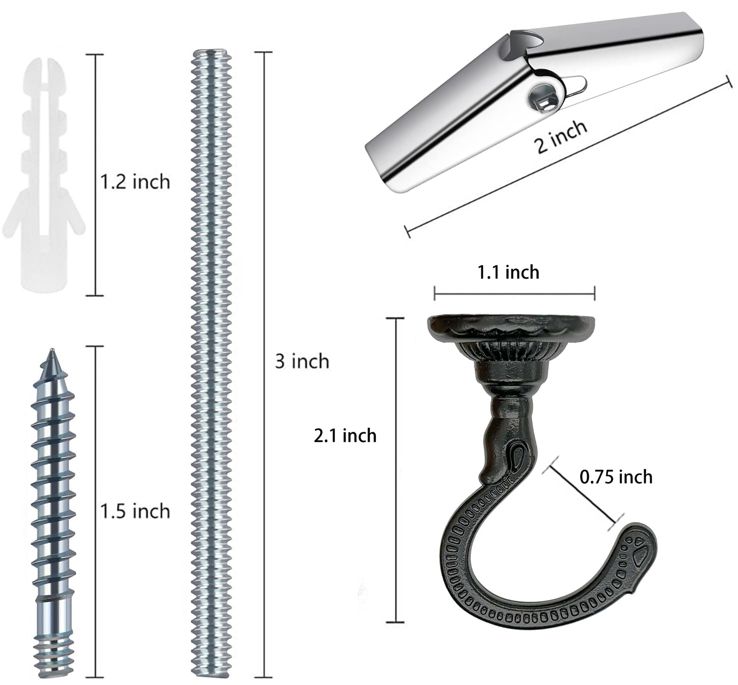 Evsteluo Large Swag Ceiling Heavy-Duty Hooks with Complete Hardware Kit - Ideal for Hanging Plants, Ceiling & Drywall Installation (2 Sets Black)