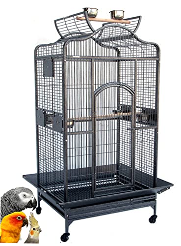 Extra Large Elegant Open Dome Top with Play Wooden Perch Stand Bird Parrot Cage for Macaw Cockatoo African Grey (35.25 x 29.5 x 62H Inches, Black Vein)