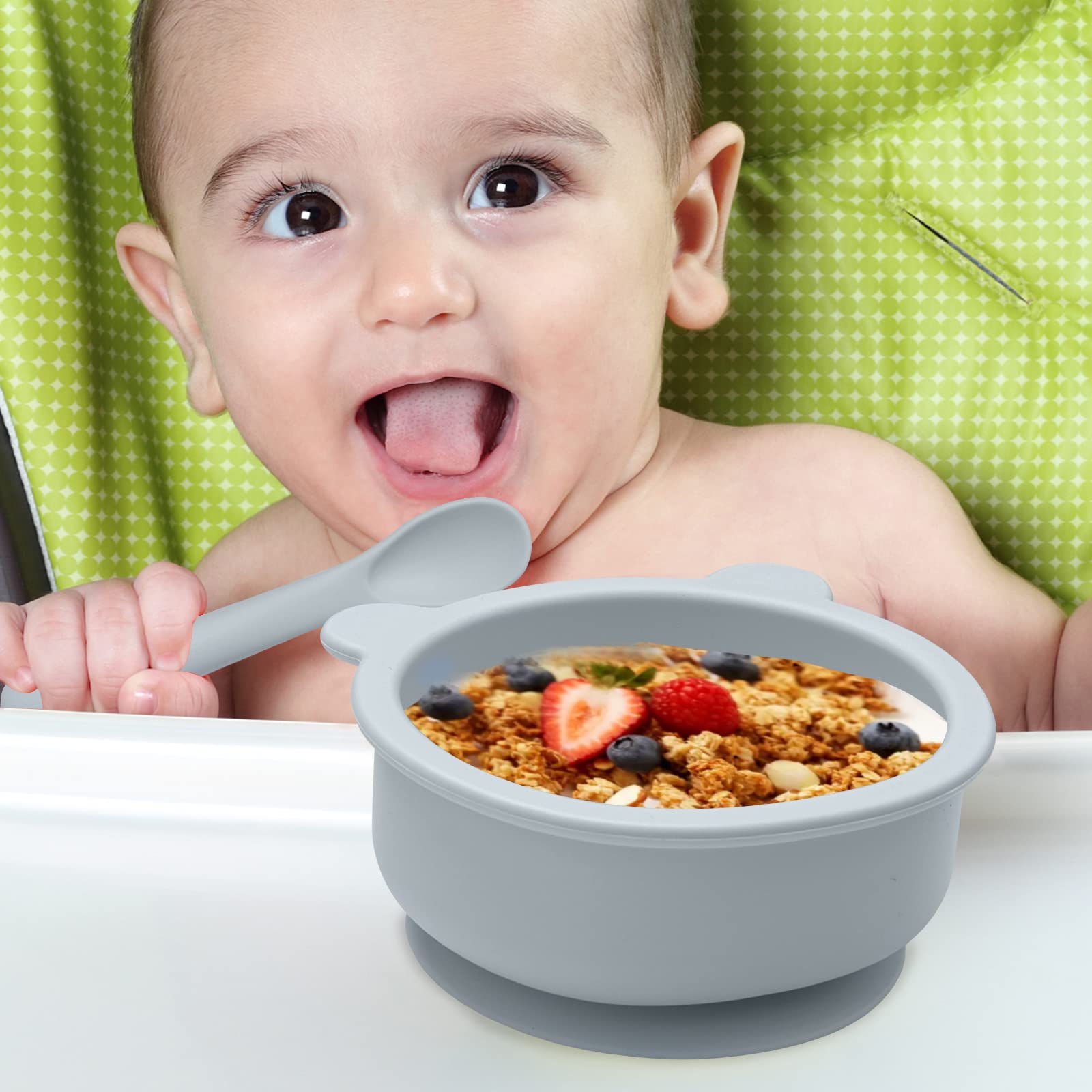 btrfe Silicone Baby Bowls with Suction | 2 Pack Toddler Bowls and Spoons | Baby Feeding Set | Dishwasher & Microwave Safe BPA Free (Dark Gray + Turmeric)
