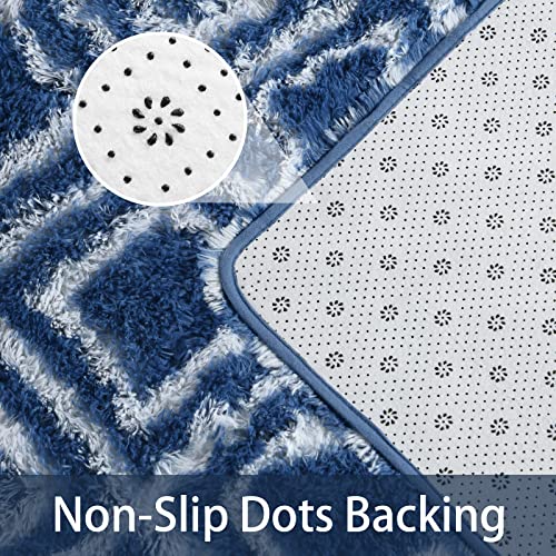 Guucha Soft Plush Fluffy Carpets, 5'x8' Fluffy Rugs, Geometric Moroccan Shaggy Rugs for Living Room Bedroom Nursery Room Kids' Room, White/Blue