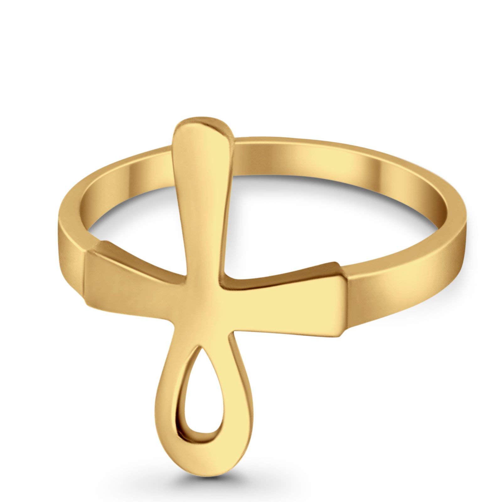 Blue Apple Co. Yellow Tone, Sterling Silver Size-8 Dainty Petite Egyptian Vintage Design Simple Plain Ankh Ring Round 925 Sterling Silver