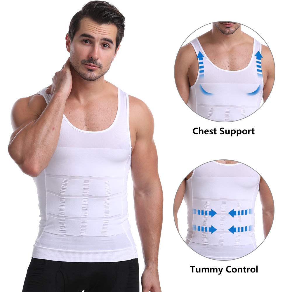 Cacosa Men's Body Shaper Slimming Shirt Tummy Vest Thermal Compression Muscle Tank Top Base Layer Slim Shapewear (White, M)