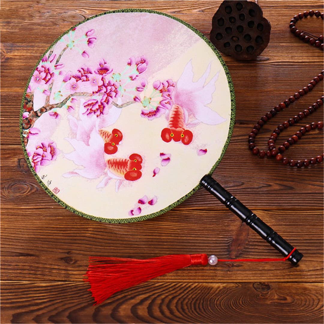 Chinese Japanese Style Female Round Fans Classical Dance Fan Handheld Circular Vintage Fan with Tassel Pendant