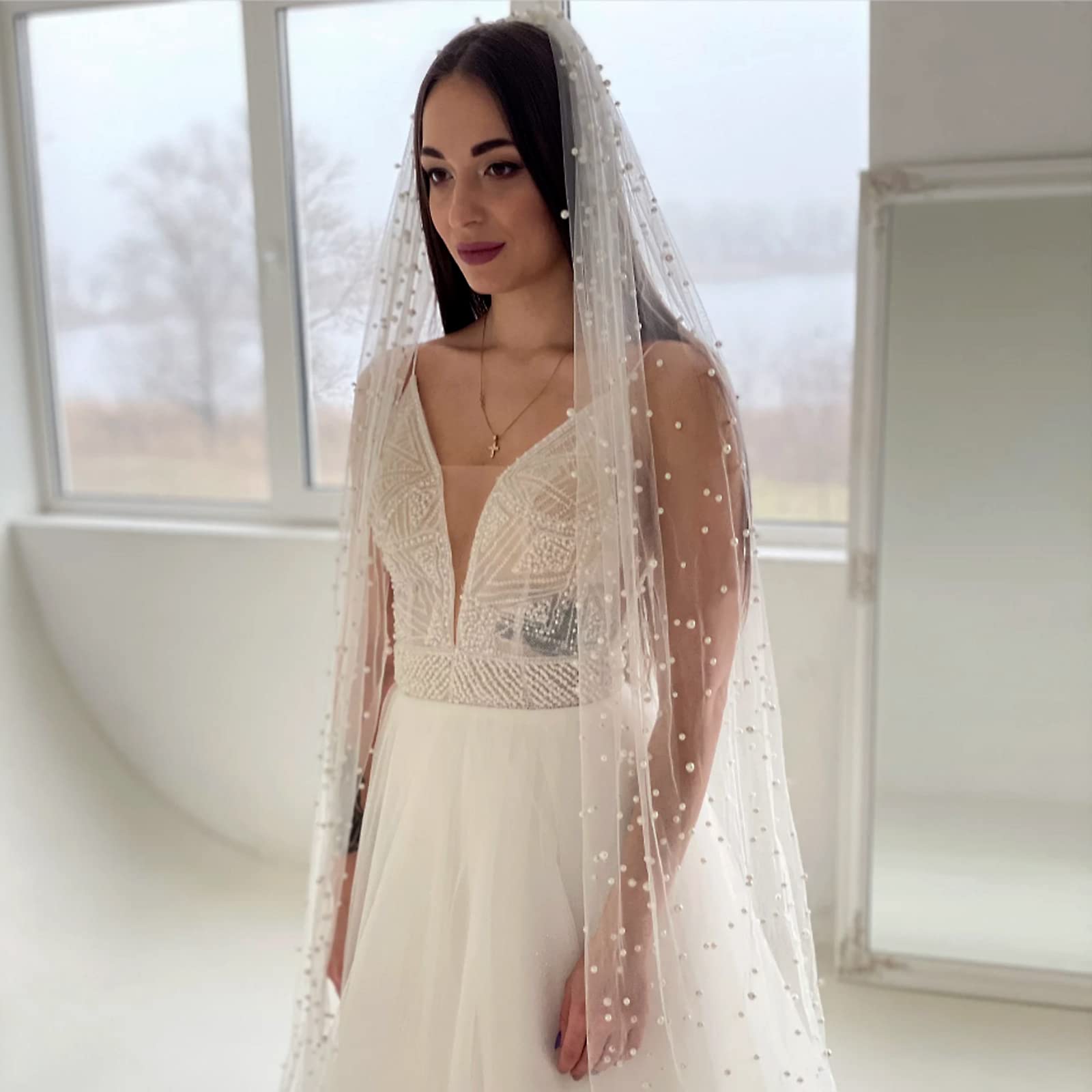 Bridal Wedding Veil 118" Long Cathedral Length Pearl Bridal Veil with Comb Y