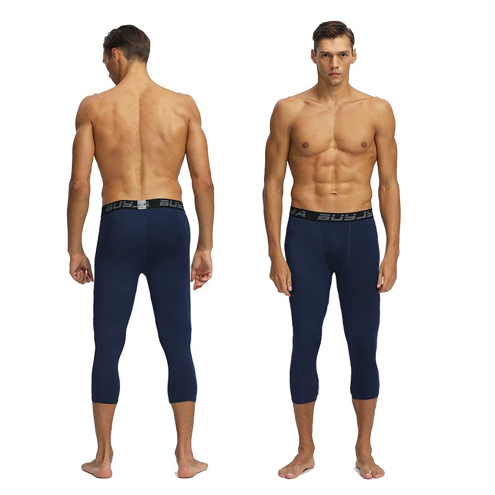 BUYJYA 3 Pack Men's 3/4 Compression Pants Running Tights Workout Leggings Athletic Cool Dry Yoga Gym Clothes (M, Blue-army Green-black, m)