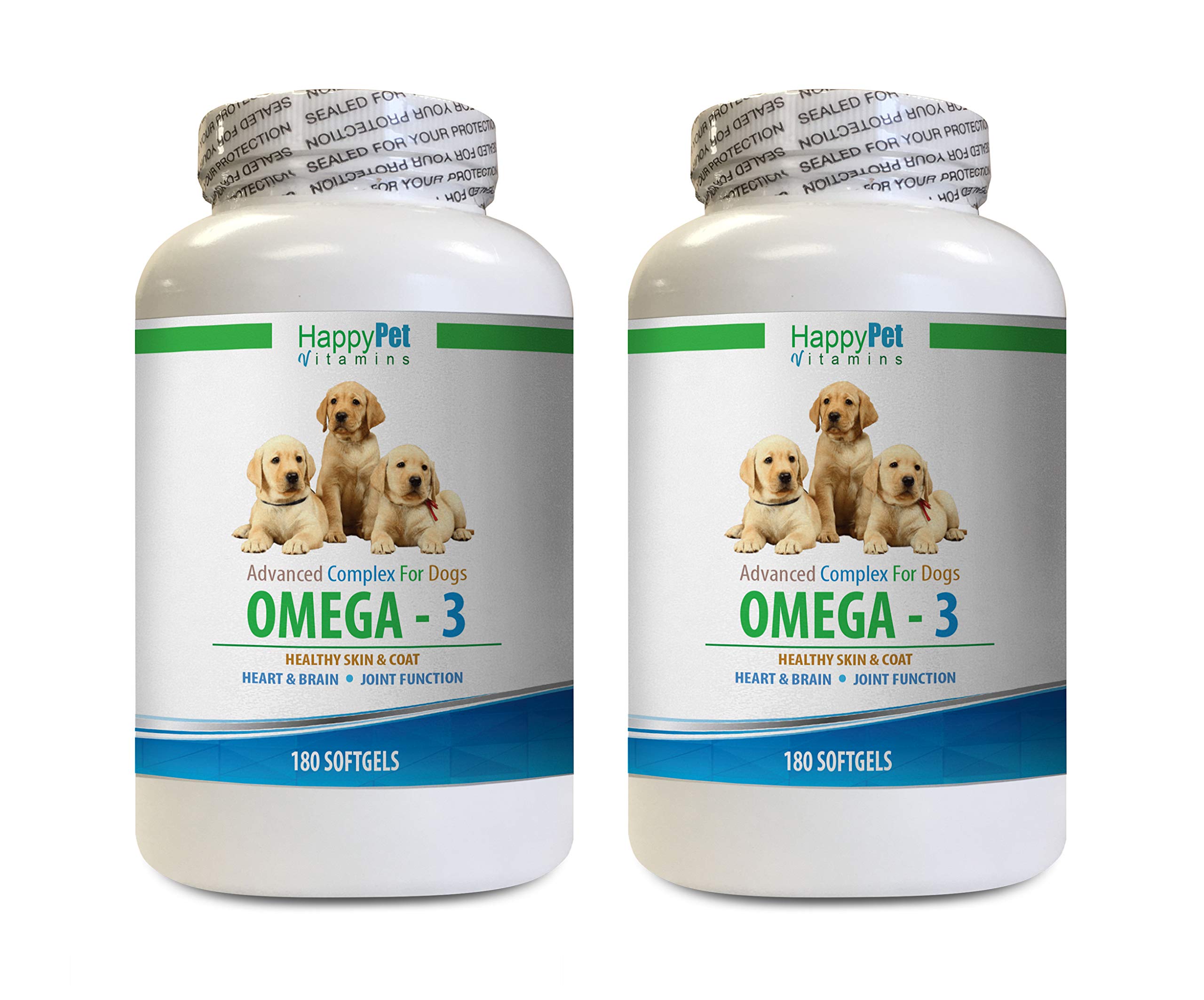 HAPPY PET VITAMINS LLC Dog Allergy hot spot - Dog Omega 3 - Healthy Skin Coat and Joints - Brain and Heart Health - Allergy Relief - Dog Omega Treats - 2 Bottles (360 Softgels)