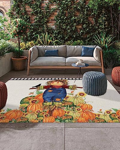 Outdoor Area Rug for Patio,Scarecrow Pumpkin Autumn Thanksgiving Camping Rugs Indoor Large Floor Mat 4x6ft,Farmhouse Black Plaid Linen Outside Carpet for Deck RV Picnic Porch Backyard Bedroom