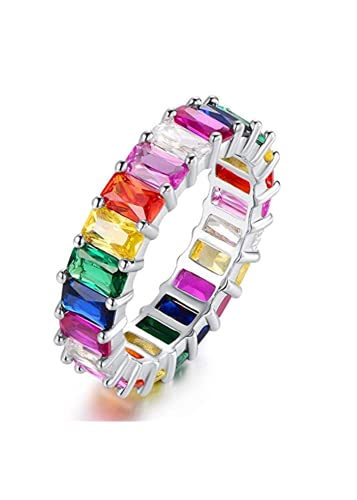 COLORFUL BLING Zircon Flash Diamond Bar Ring Inlaid Square Diamond Engagement Rainbow Ring Hand Jewelry-Sliver Size7