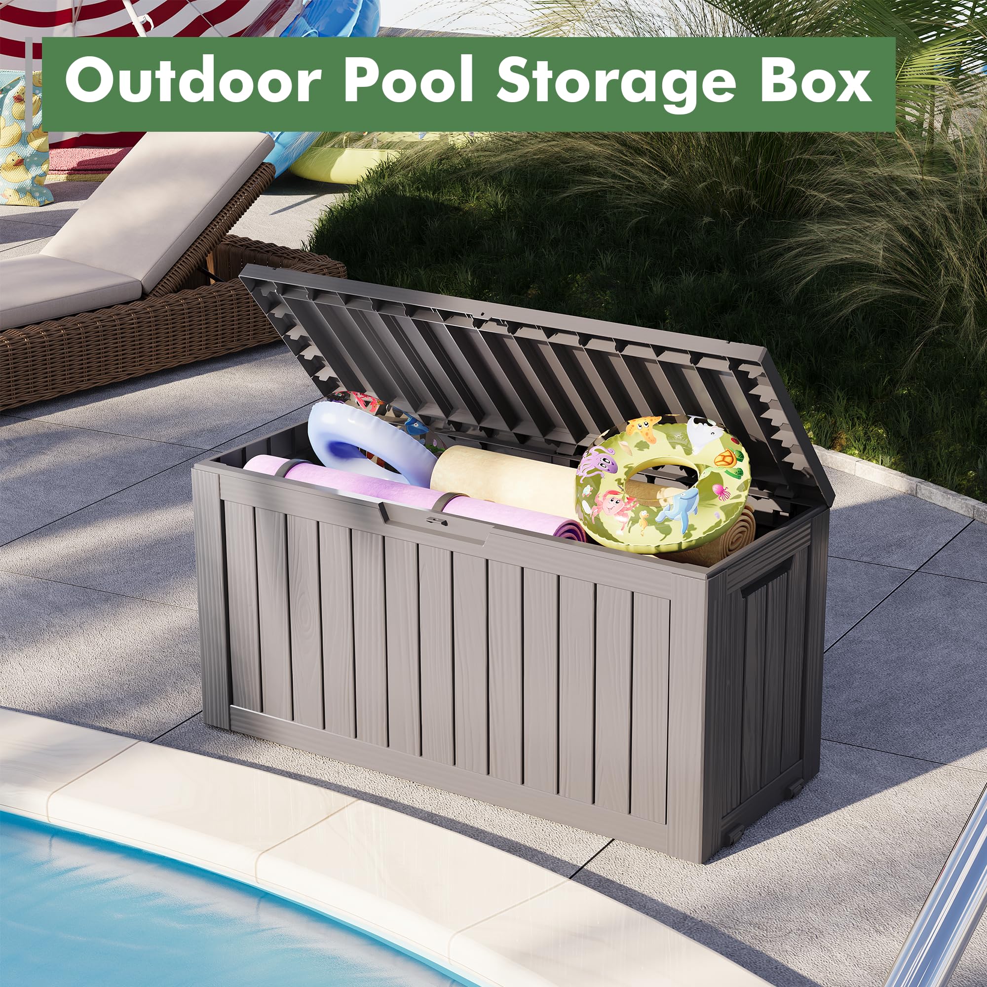 Esmlada Deck Box, 72 Gallon Resin Indoor and Outdoor Storage Boxes Waterproof for Garden Tools, Pool Accessories Storage Bench, Patio Furniture and Cushions with Lockable Lid, Black
