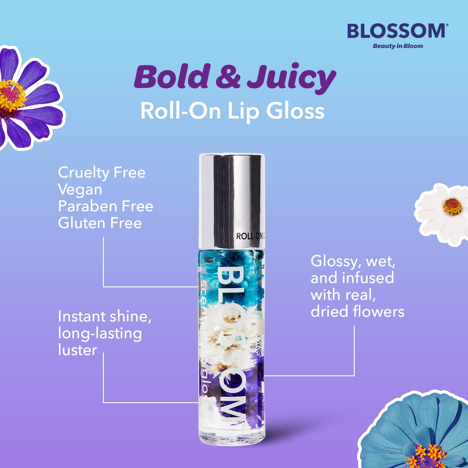 Blossom Scented Roll on Lip Gloss, Infused with Real Flowers, Made in USA, 0.40 fl oz, 2 pack, Raspberry/Watermelon