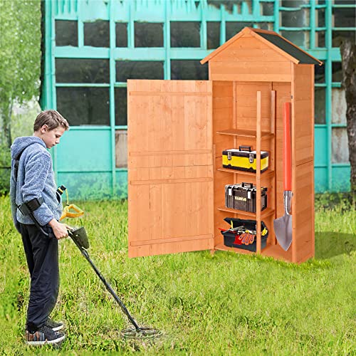 Outdoor Storage Shed, Wooden Garden Storage Cabinet with Lockable Doors, Utility Tool Organizer with 3 Shelves, Waterproof Outside Tool Shed for Patio Garden Backyard Lawn (Natural)
