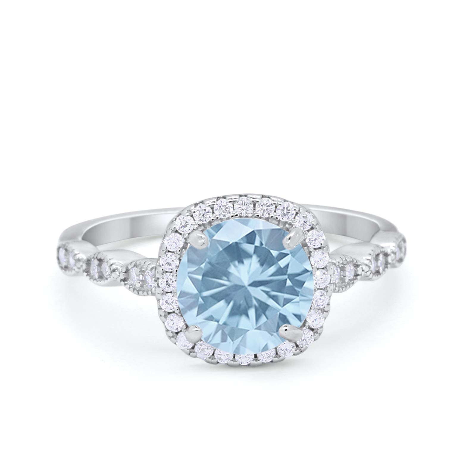 Blue Apple Co. Halo Solitaire Accent Art Deco Engagement Ring Simulated Aquamarine 925 Sterling Silver,Size-7