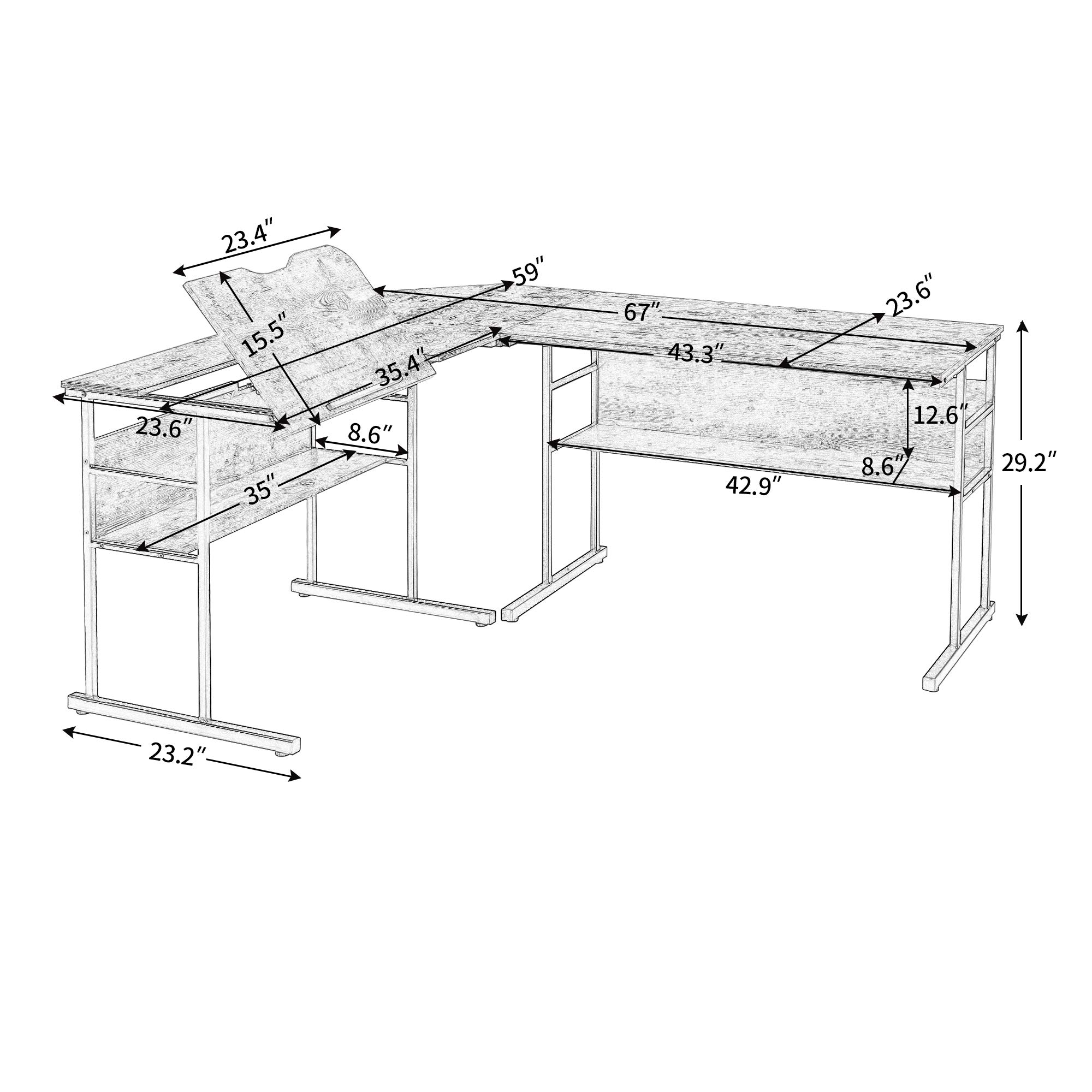 blackwolf 67 inches L-Shaped Desk, Corner Computer Desk with Bottom Bookshelves & CPU Stand, Drafting Drawing Table with Tiltable Desktop, Corner Desk Computer Workstation Home Office Desk (Brown)
