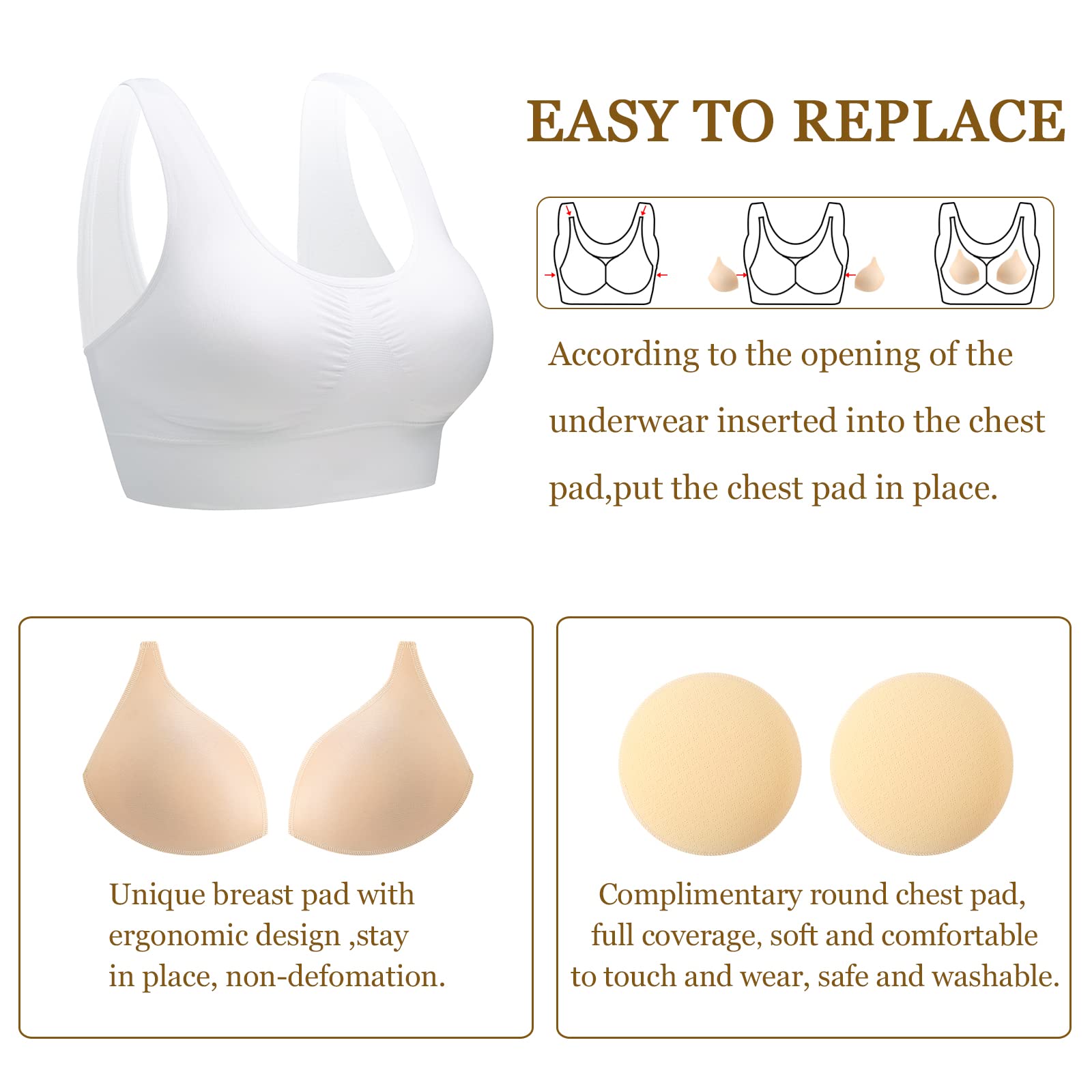 CASOMS Sleep Bras, Comfort Bras for Women, Seamless, Wireless, Yoga Bras with Removable Pads 3 Pack, X-Large
