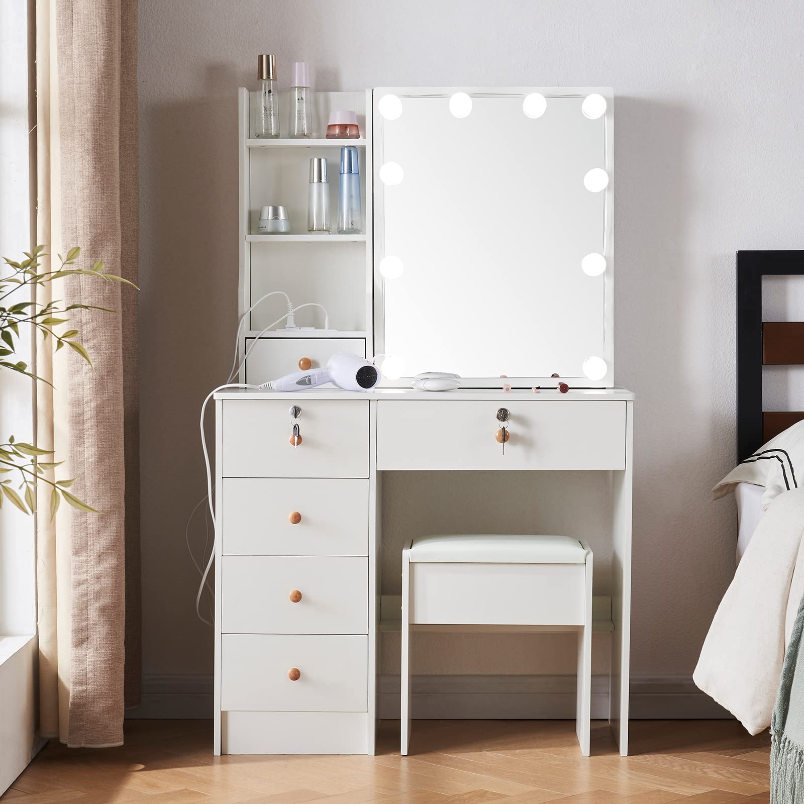 Buildonely Makeup Vanity Desk with Mirror and Lights, Dressing Table Set with 6 Drawers, 3 Color Modes Dimmer Switch 10 Light Bulbs, Vanity Set with Cushioned Stool for Girls, Women, Bedroom. White
