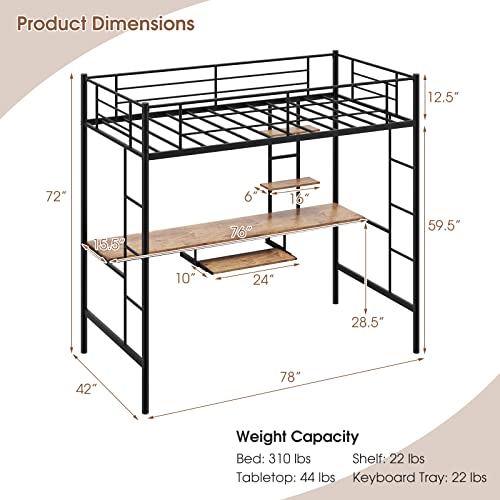 Giantex Twin Loft Bed with Desk and Bookcase, Metal Bunk Bed Frame w/Guardrail & Bilateral Ladder for Kids Teens Adults, Space-Saving Loft Bed with Keyboard Tray, No Box Spring Needed, Black
