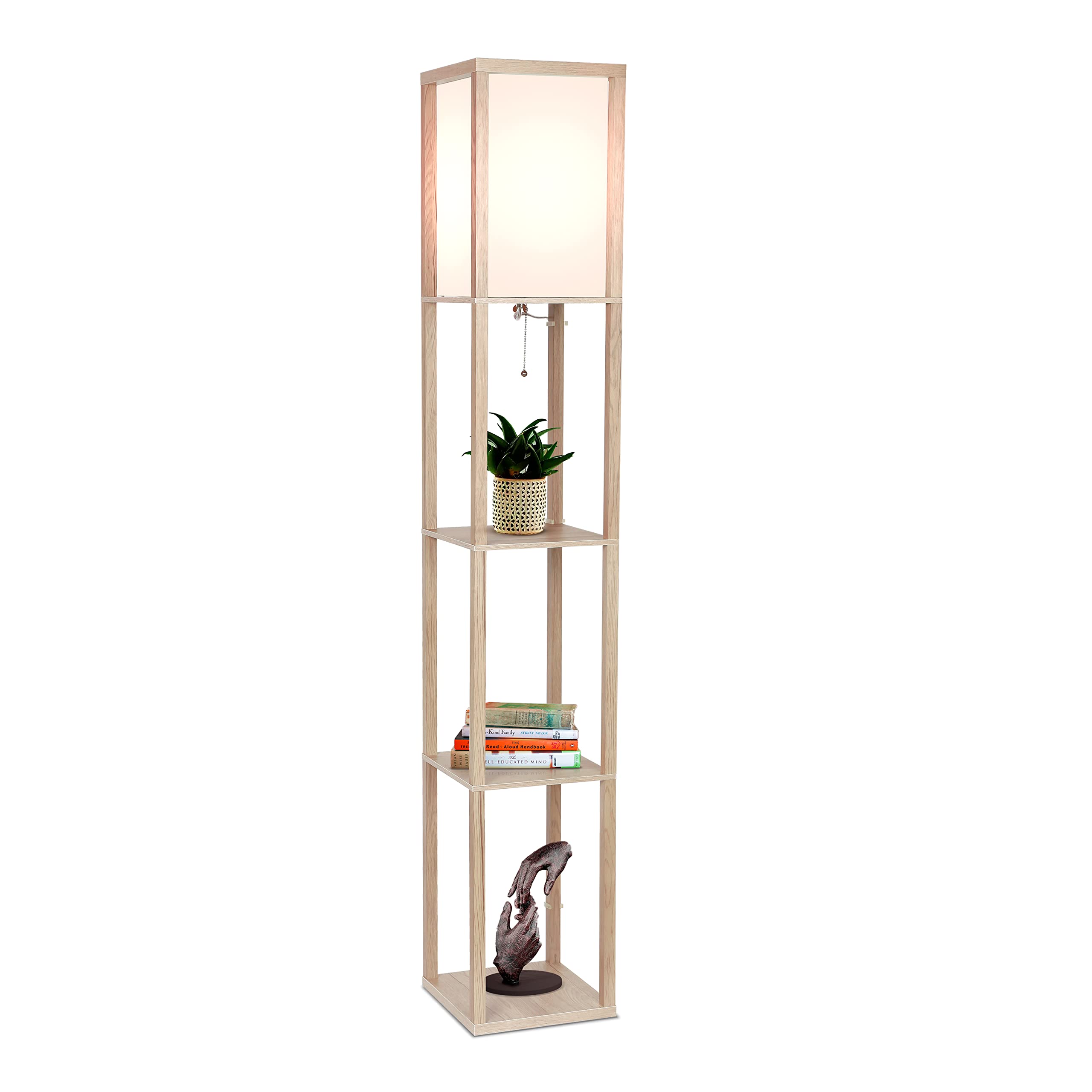 Brightech Maxwell - Modern Shelf Floor Lamp with Lamp Shade and LED Bulb - Coner Display Floor Lamps with Shelves for Living Room, Bedroom and Office - Rustic Wood