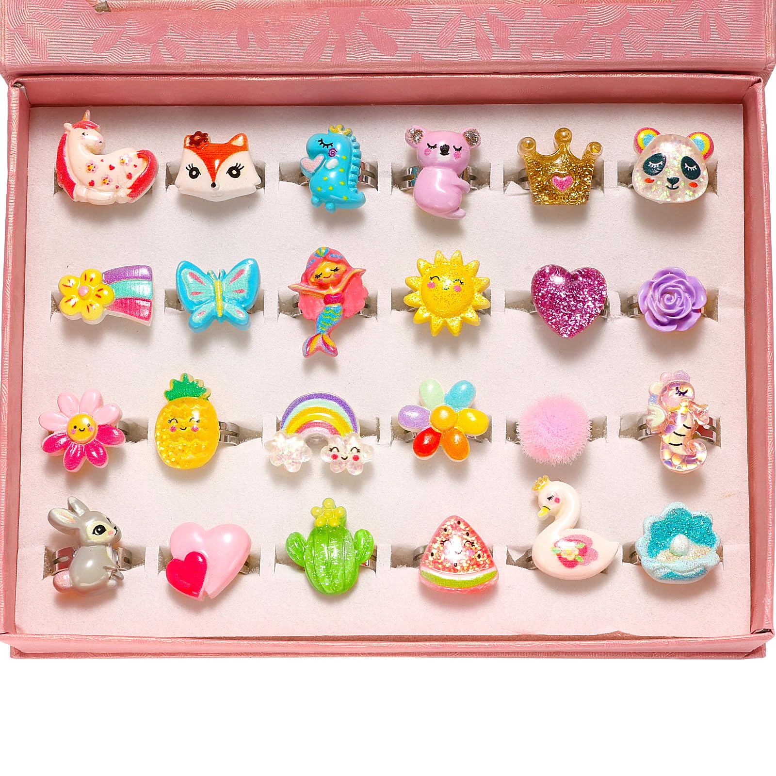 PinkSheep Little Girl Jewel Rings in Heart Box, Adjustable, Girl Gift Pretend Play and Dress Up Rings