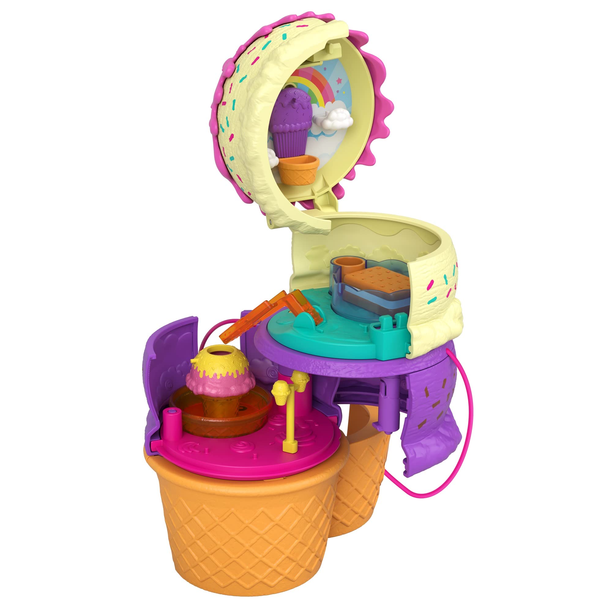 Polly Pocket Dolls and Accessories, Ice Cream Cone-Shaped Playground with 3 Floors and 2 Micro Dolls, Spin ‘n Surprise Compact