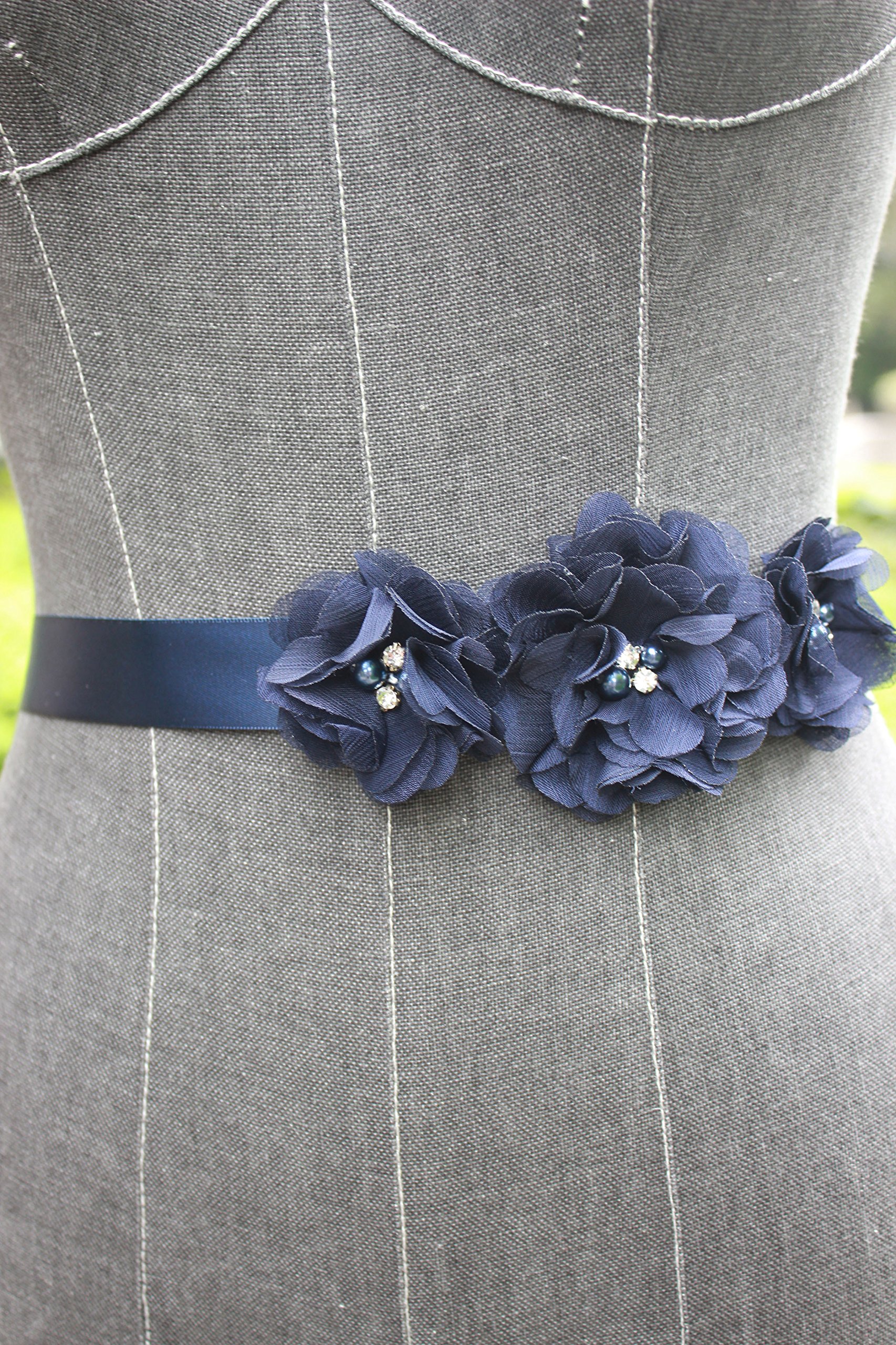 Nania Bridesmaid and Flowergirls sashes wedding sash pearls flowers belts (Dark navy)