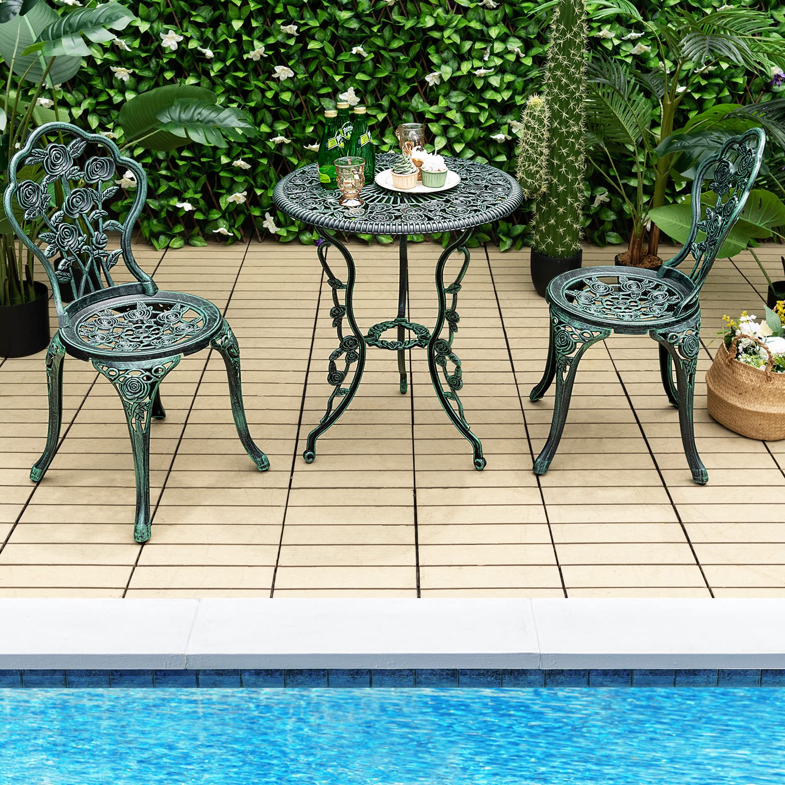 HAPPYGRILL 3-Piece Outdoor Bistro Set Rust-Resistant Cast Aluminum Table and Chairs with Elegant Rose Pattern, Outdoor Furniture Set with 1.9” Umbrella Hole for Balcony Backyard Garden Deck