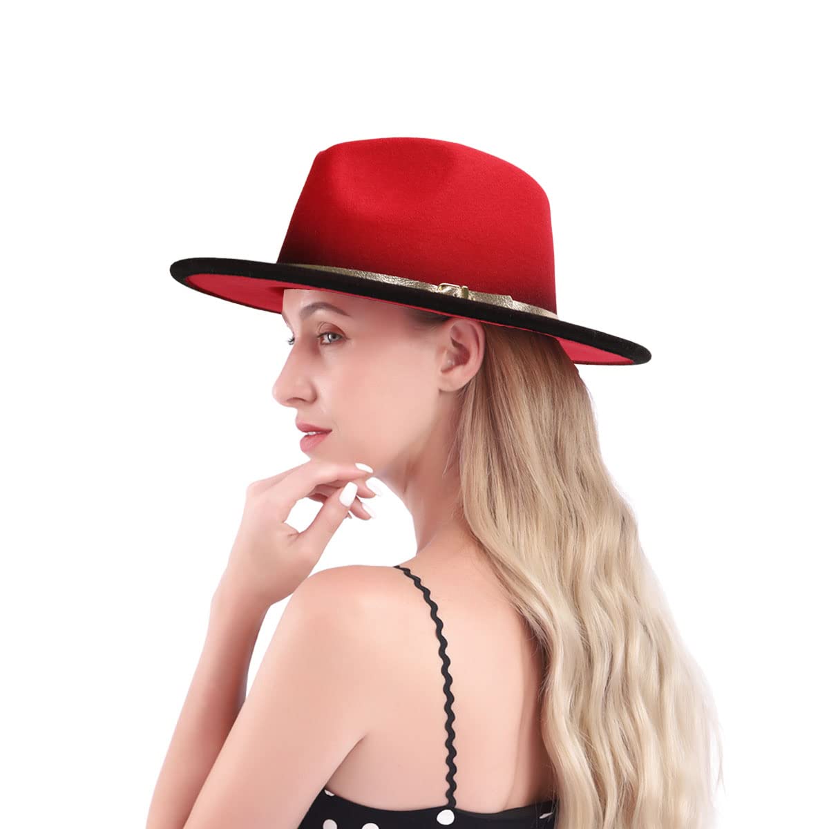 Black Red Fedora Hats for Women Men,Red Bottom Hat Wide Brim Fedora for Women,Two Tone Red Black Fedora(Red A1,Medium)