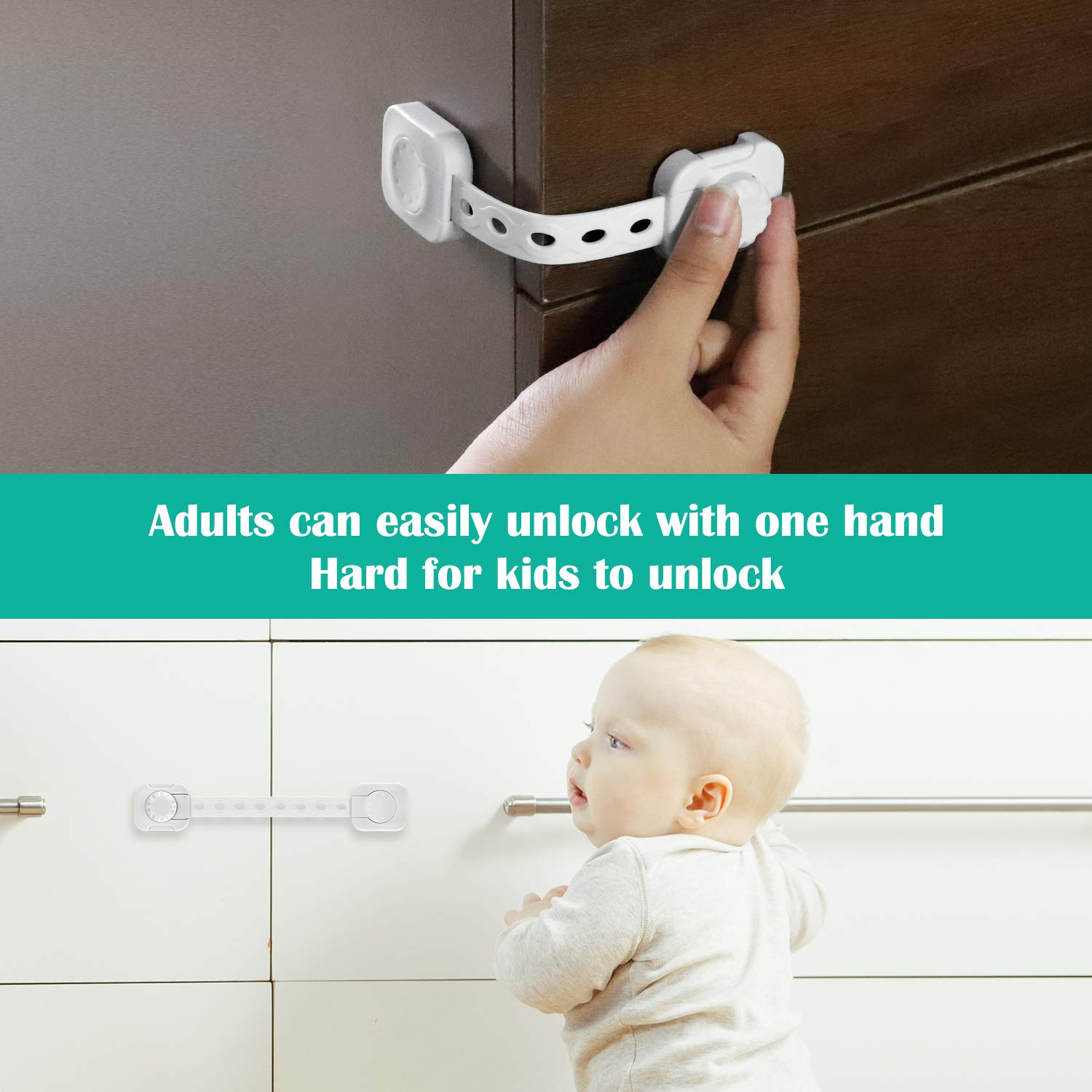 Cabinet Locks (10 Pack) Child Proof Cabinet Locks Upgraded Double Lock System Hard for Kid to Open Drawer Locks Child Safety Adjustable Refrigerator Lock for Cabinet, Drawer, Fridge No Drilling Needed