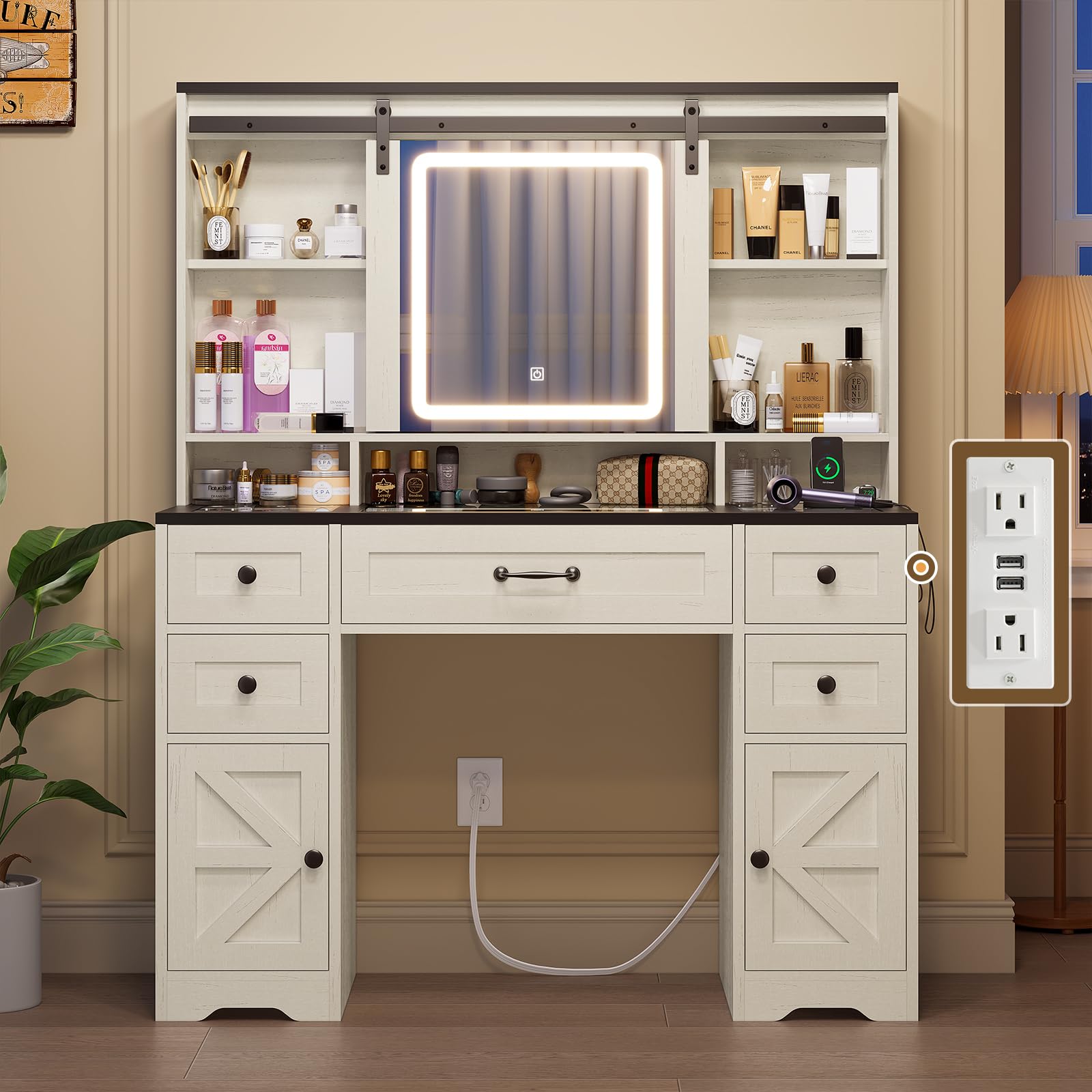 HAUOMS Farmhouse Makeup Vanity Desk with Sliding Lighted Mirror, Glass Top Vanity Desk with Power Outlet, Rustic Vanity Set, Antique White