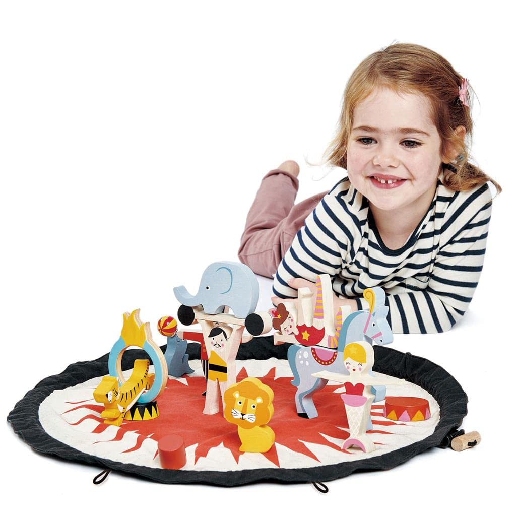 Tender Leaf Toys - Circus Stacker - 14 Pieces Wooden Stacking and Balancing Toy with Circus Troupe and Beautiful Circular Printed Bag - Early Learning and Fine Motor Skills for Children 3+