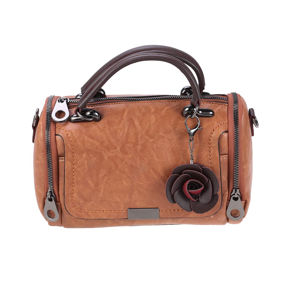 TENDYCOCO Crossbody Bag Barrel Handbag with Flower Pendant for Women (Brown)