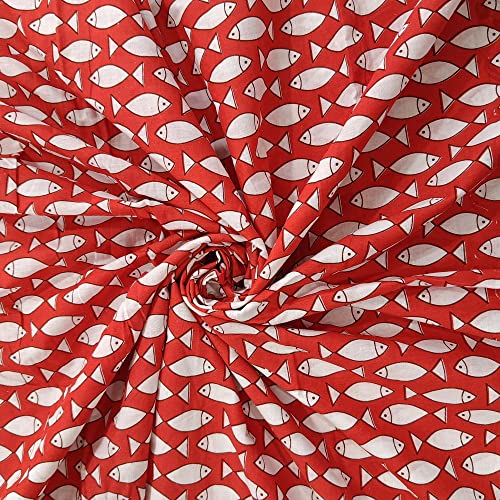 Trade Star 3 Yard 100% Cotton Printed Fabric for Dressmaking Indian Running Natural Dye Fabric for Sewing Ethnic Sanganeri Fish Print Fabric by The Yard Width 44 Inches (Pattern 1)
