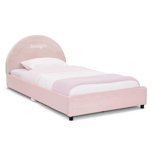 Delta Children Personalized Upholstered Twin Size Bed with Round Headboard, Premium Wood Slat Support, No Box Spring Needed, Easy Assembly, Pink/Velvet Piping