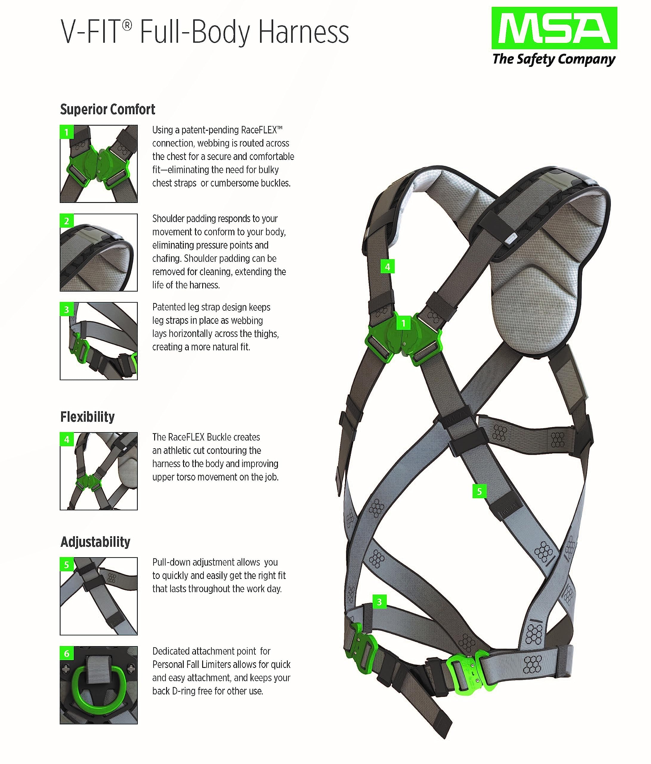 MSA 10194630 V-FIT Full Body Safety Harness - Size: Medium, D-Ring Configuration: Back, Quick Connect Leg Straps, With Shoulder Padding, Full Body Harness