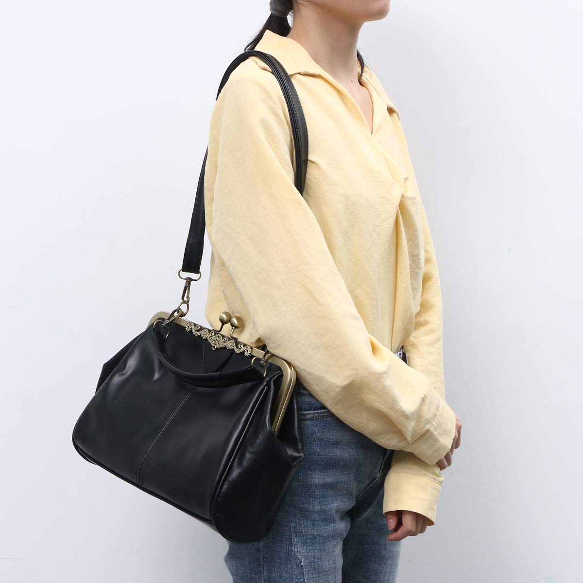 TENDYCOCO Crossbody Bag Kiss Lock Shoulder Bag PU Leather Handbag Clasp Closure for Women