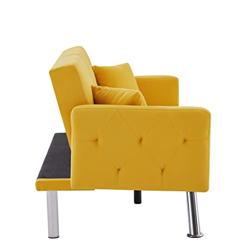 Eafurn Linen Fabric Futon Bed, Button Tufted Folding Recliner Sleeper Reversible Loveseat Convertible Daybed with 2 Cup Holders,75.59" W Small Splitback Sofa & Couches for Living Room, C-Yellow