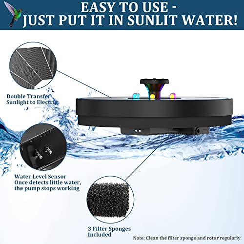 GAIZERL Solar Fountain 2023 New, 3.5W Solar Bird Bath Fountains with Glass Panel, 2000 Battery, Hummingbird Water Features with Color LED Lights, 8 Spray Modes & 4 Fixed Pipes for Garden, Pool, Pond