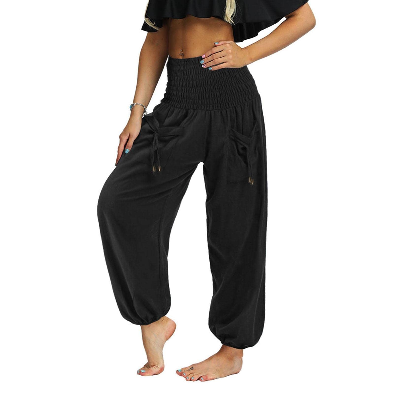 Casual Yoga Pants for Women Cinch Bottom Loose Plain Elastic Waist Wide Leg Dancing Pants with Pocket Drawstring Light Weight Gym Trousers Lounge uk harem cargo Pure Solid Color E75-Black