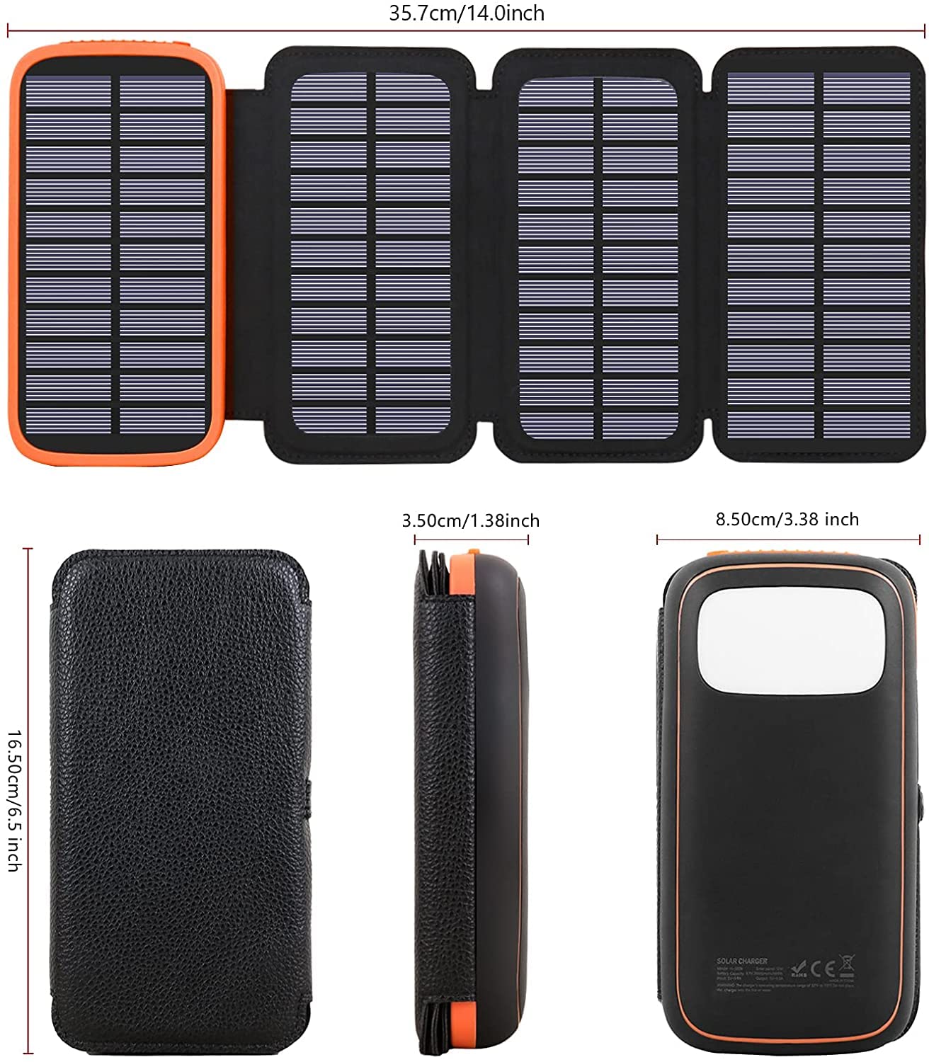 CONXWAN Solar Charger 27000mAh Power Bank with 4 Solar Panels & 3 USB Outputs, 3A Fast Charging Portable Charger USB C External Battery Pack Compatible with Smartphones Tablets