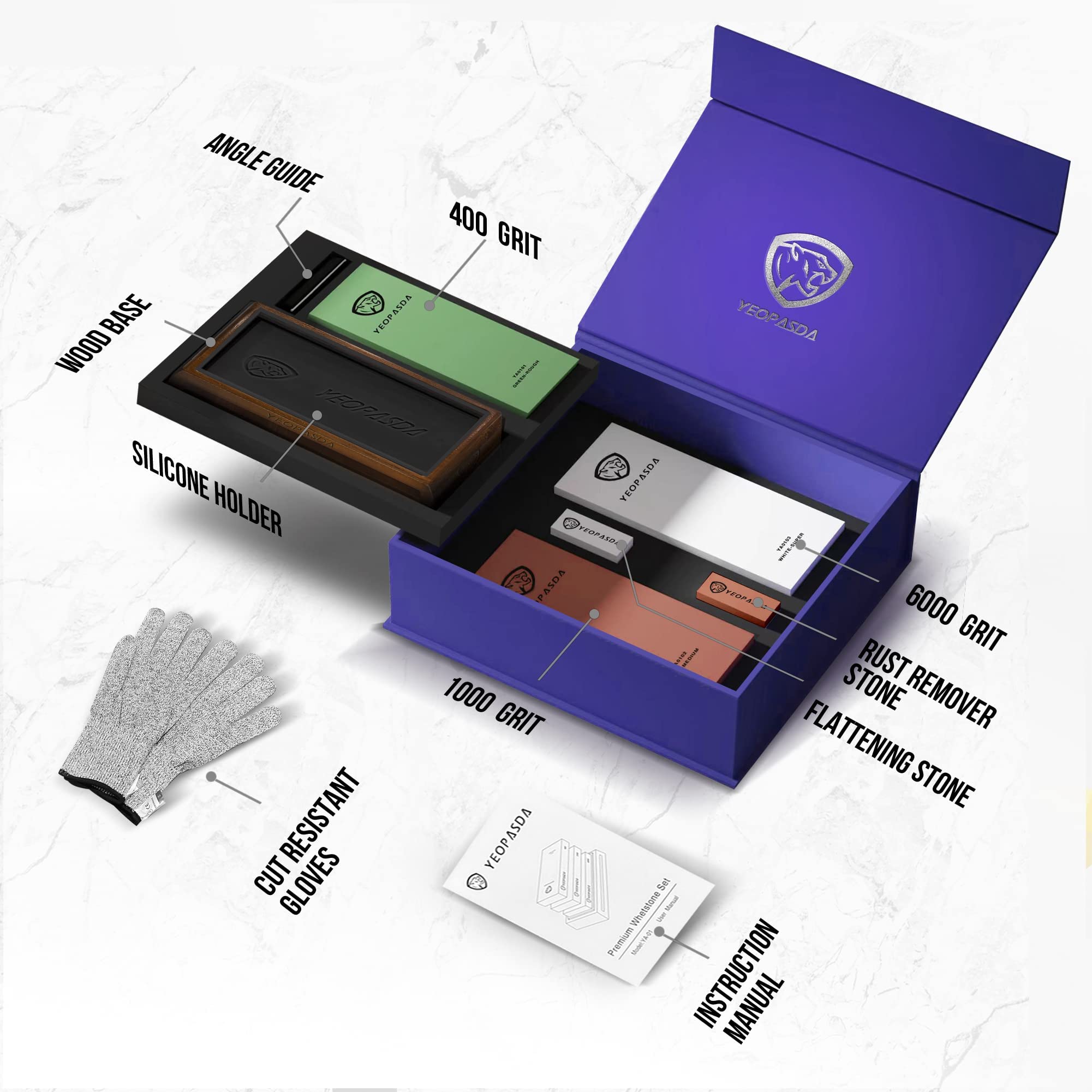 Extra Large Knife Sharpening Stone Kit - YEOPASDA Thicker 3 Side Grit 400/1000/6000 Wet Stone - Whetstone Knife Sharpener Stone Set with Non-Slip Wood Base, Angle Guide, Cut Resistant Gloves